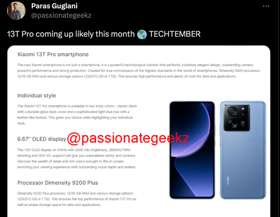 Xiaomi 13T Pro leaked with a Dimensity 9200 and huge storage - Unbox ...