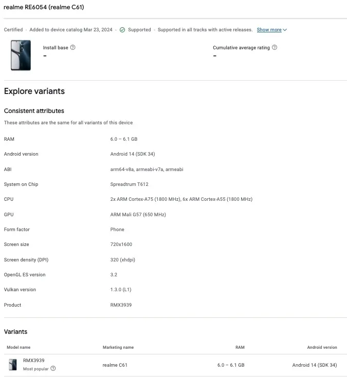 realme C61 leaks: 720p LCD display, Unisoc T612, 6GB RAM, Android 14 ...