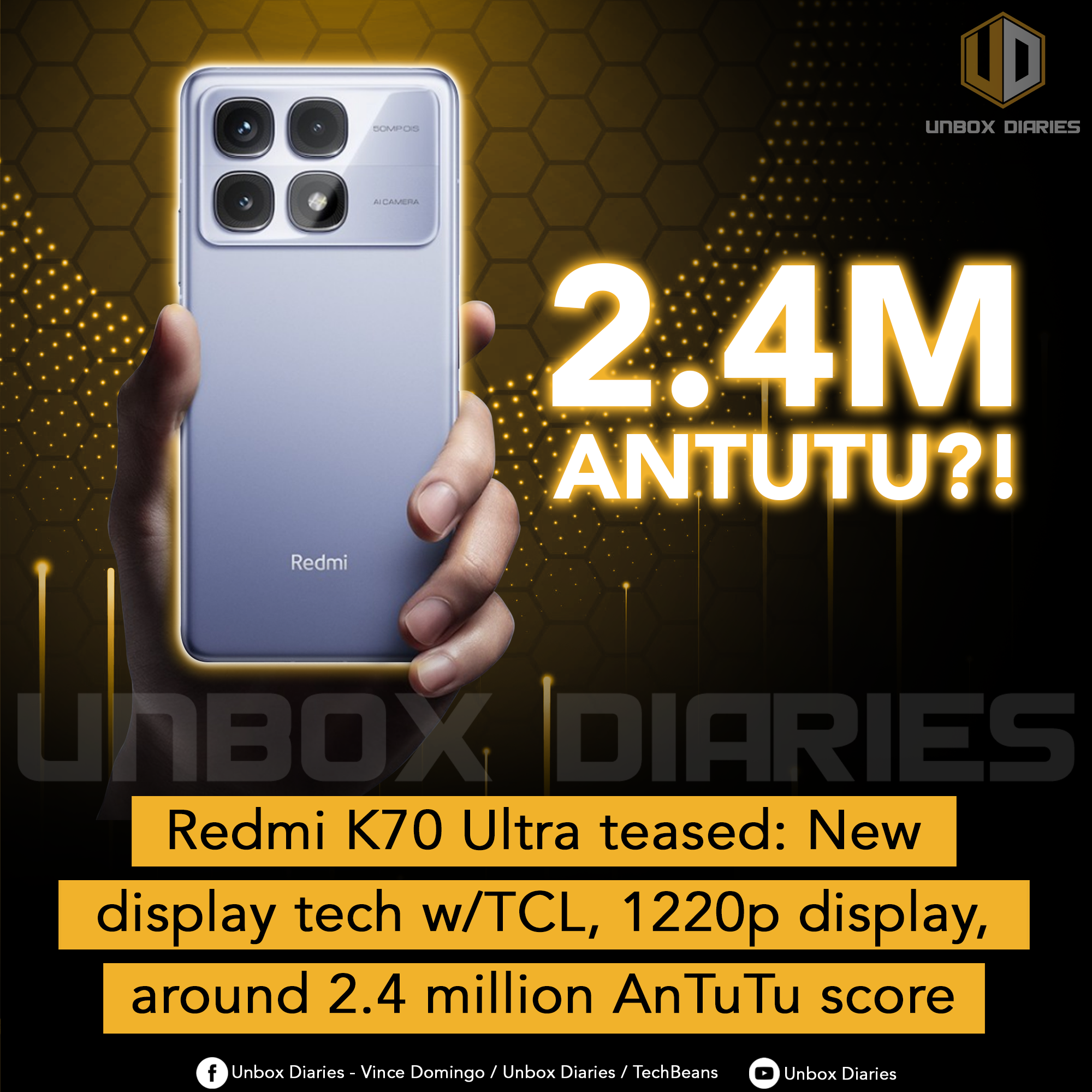 Redmi K70 Ultra teased: New display tech w/TCL, 1220p display, around 2.4 million AnTuTu score ...